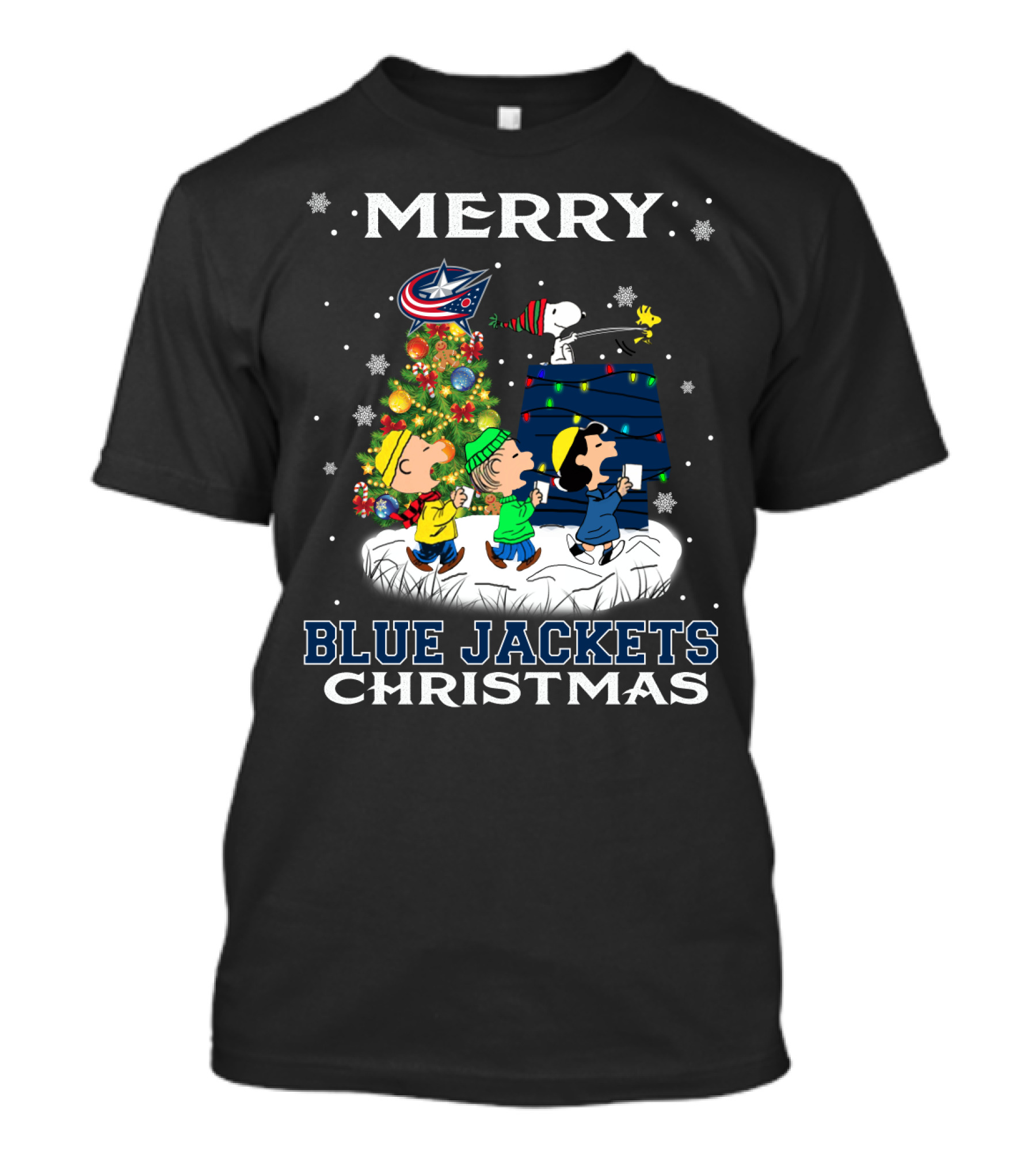 Merry Columbus Blue Jackets Christmas Snoopy And Peanuts Characters With Tree T-Shirt