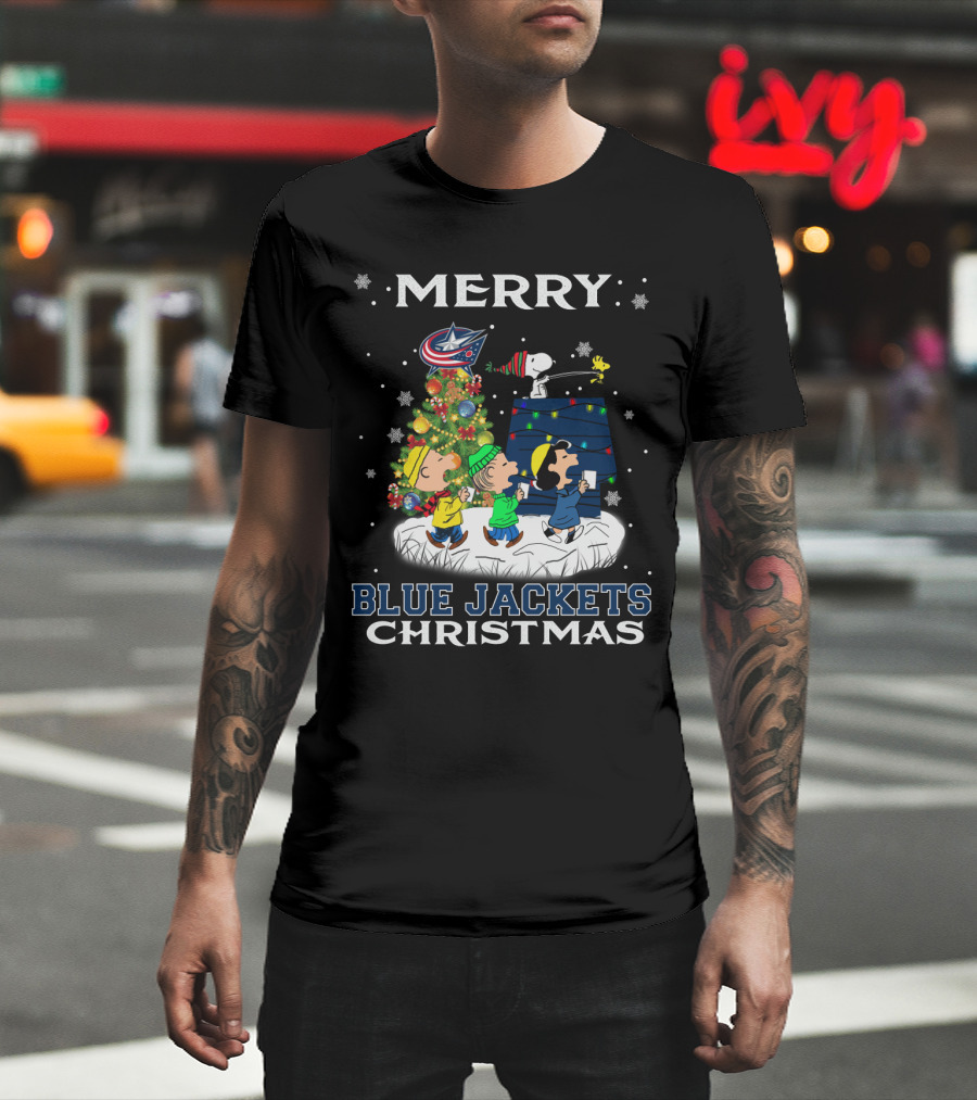 Merry Columbus Blue Jackets Christmas Snoopy And Peanuts Characters With Tree T-Shirt