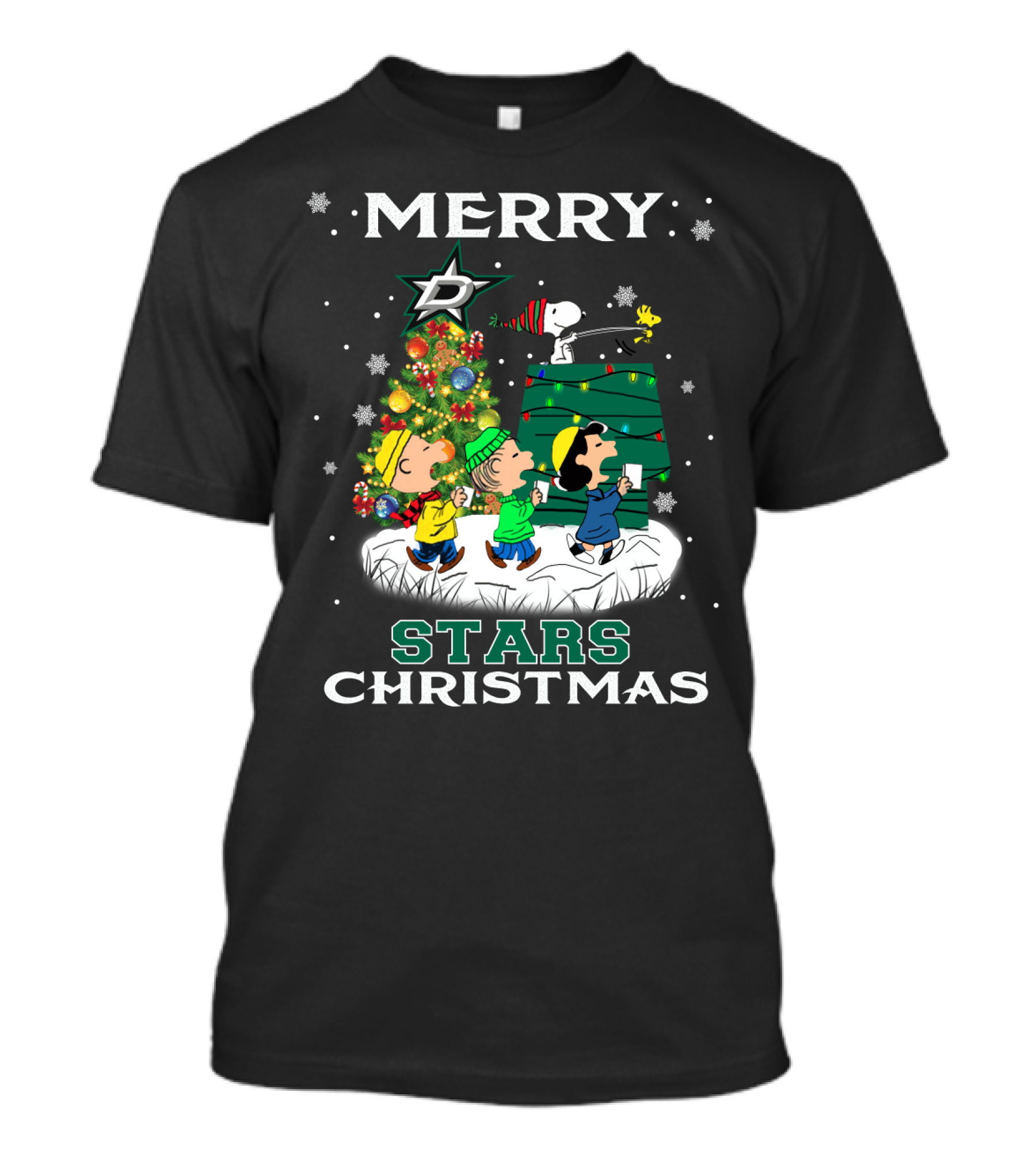 Merry Dallas Stars Christmas With Snoopy Woodstock And Peanuts Characters T-Shirt