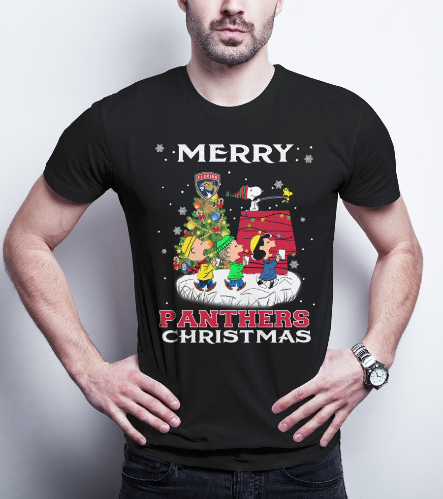 Merry Florida Panthers Christmas With Snoopy And Peanuts Holiday Scene T-Shirt