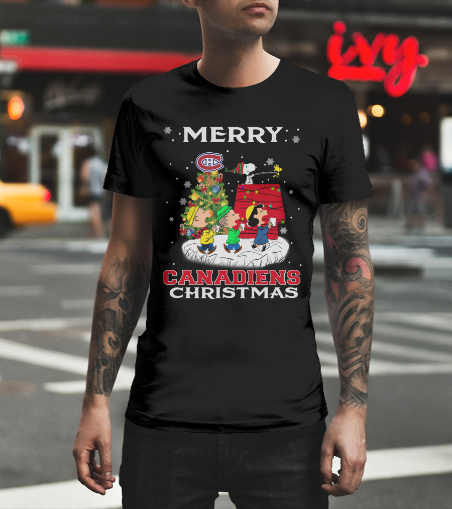 Merry Montreal Canadiens Christmas With Snoopy And Peanuts Characters T-Shirt