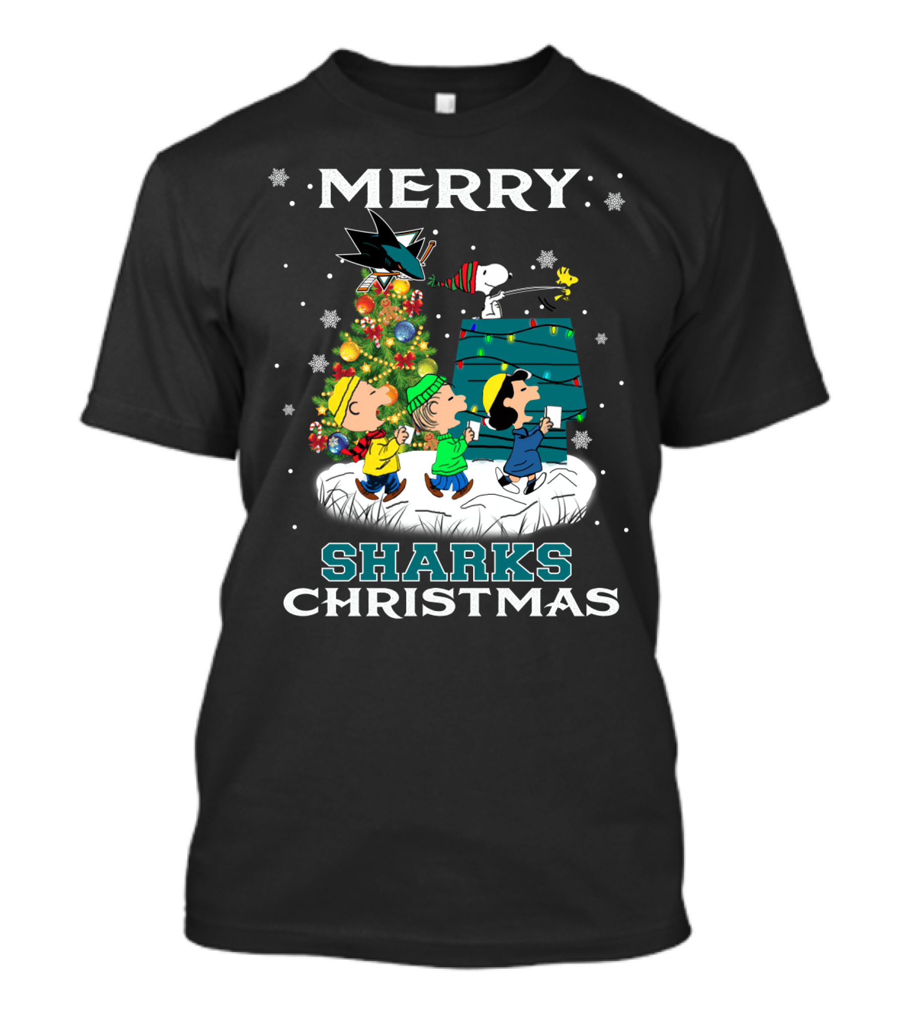 Merry San Jose Sharks Christmas With Snoopy And Friends Holiday T-Shirt