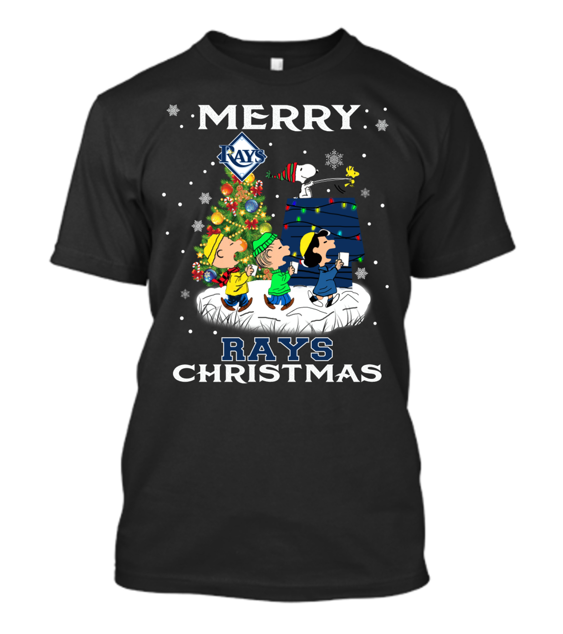 Merry Tampa Bay Rays Christmas Featuring Snoopy And Peanuts Characters T-Shirt
