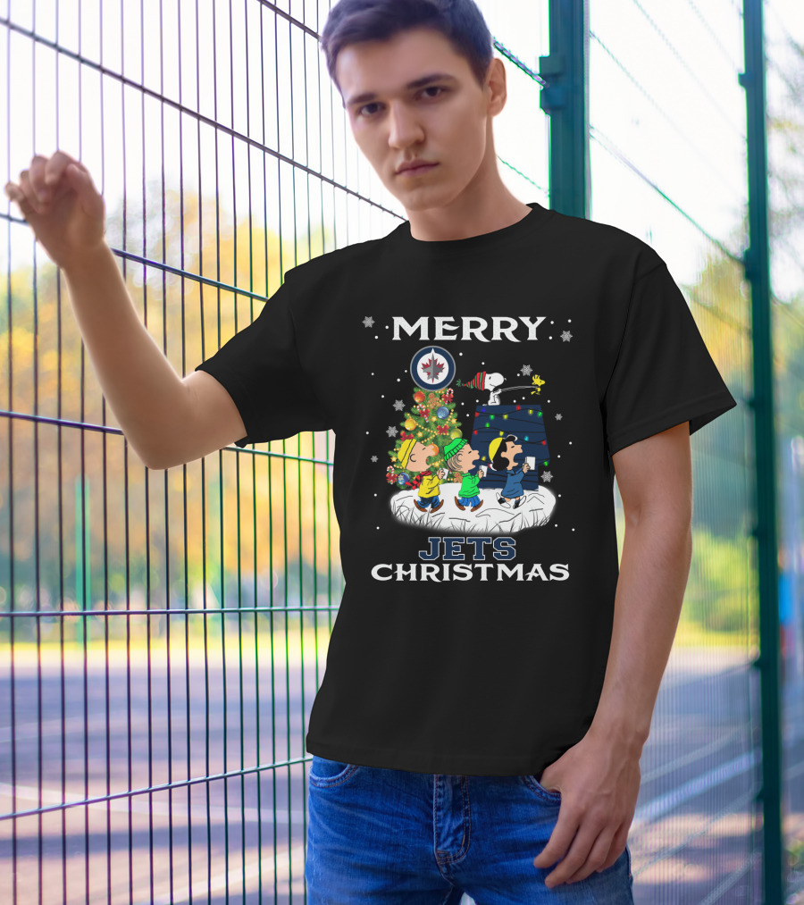 Merry Winnipeg Jets Christmas Featuring Snoopy And Peanuts Holiday Scene T-Shirt
