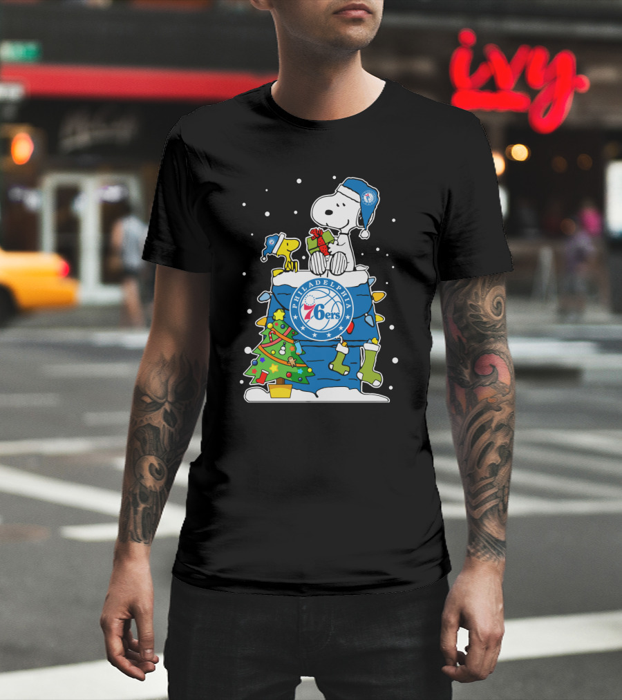 Philadelphia 76ers Snoopy Christmas Present With Tree And Woodstock T-Shirt