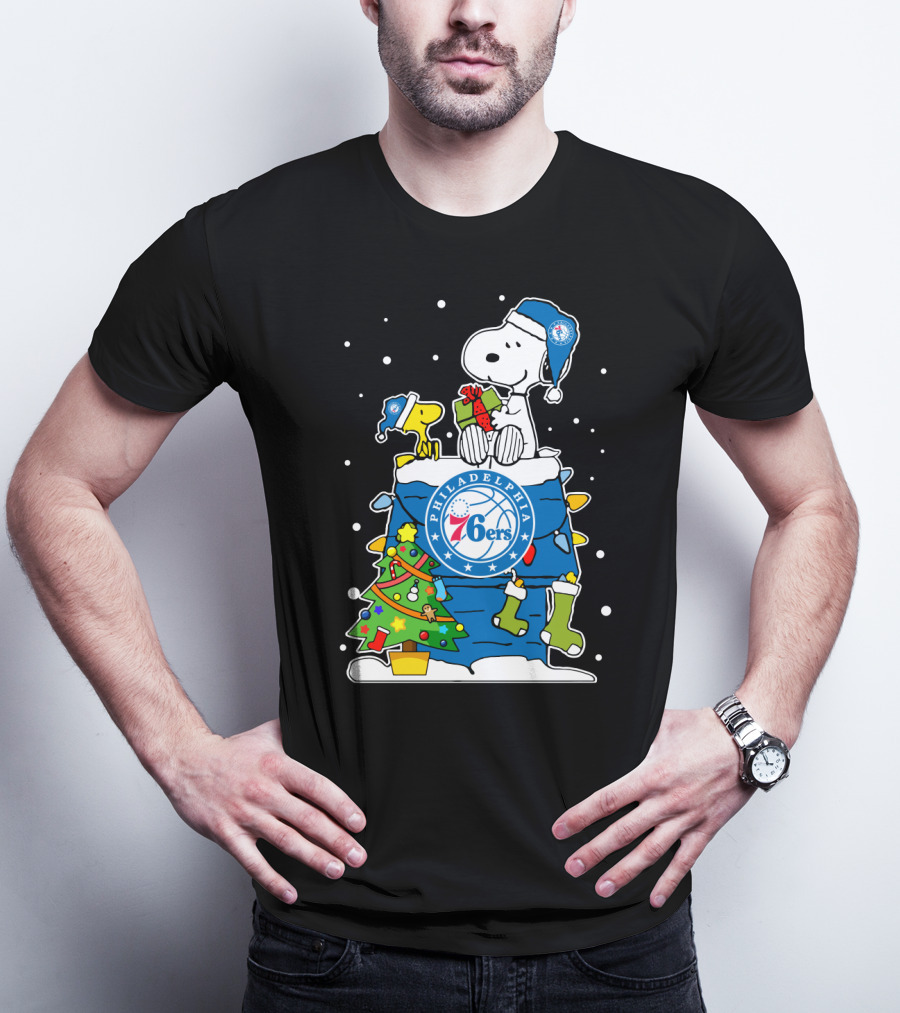 Philadelphia 76ers Snoopy Christmas Present With Tree And Woodstock T-Shirt