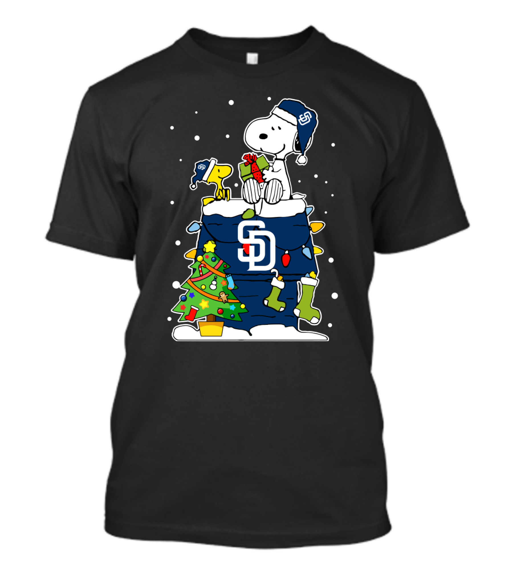 San Diego Padres Snoopy And Woodstock Christmas Scene With Gifts And Tree T-Shirt