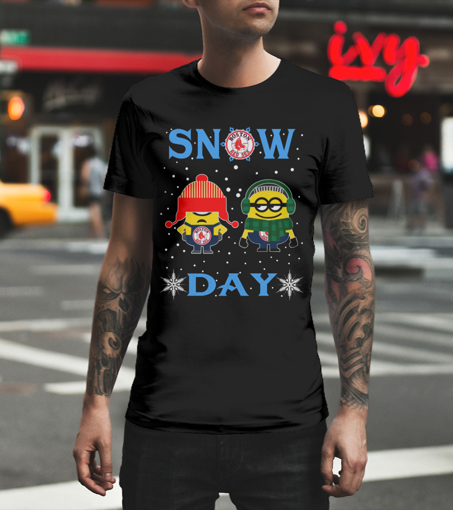Snow Day For Boston Red Sox With Minion Fans In Winter Gear T-Shirt