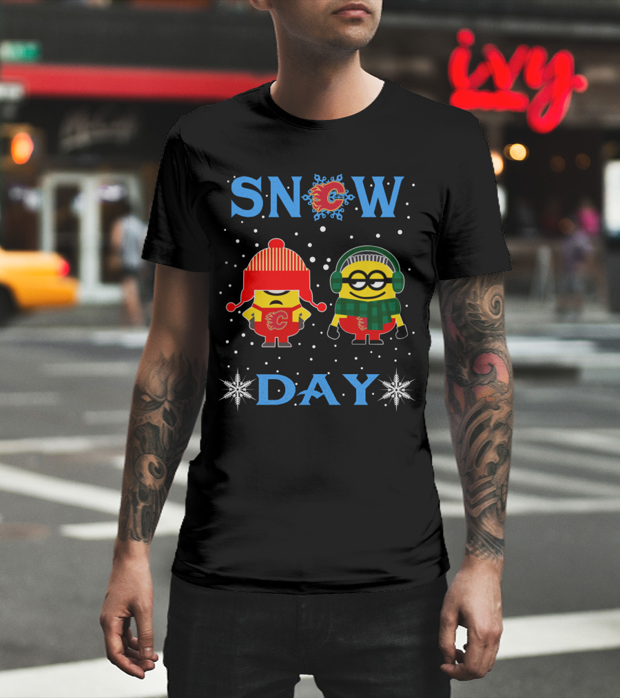 Calgary Flames Snow Day With Minions Fans Dressed For Winter Fun T-Shirt