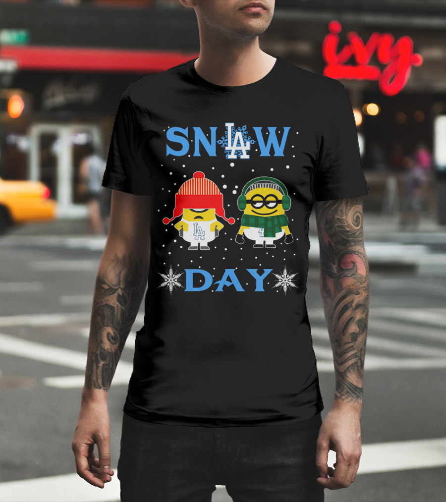 Snow Day Minions Wearing Los Angeles Dodgers Winter Gear T-Shirt