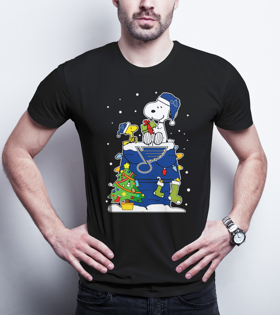 St. Louis Blues Snoopy Christmas Doghouse Scene With Woodstock And Gifts T-Shirt