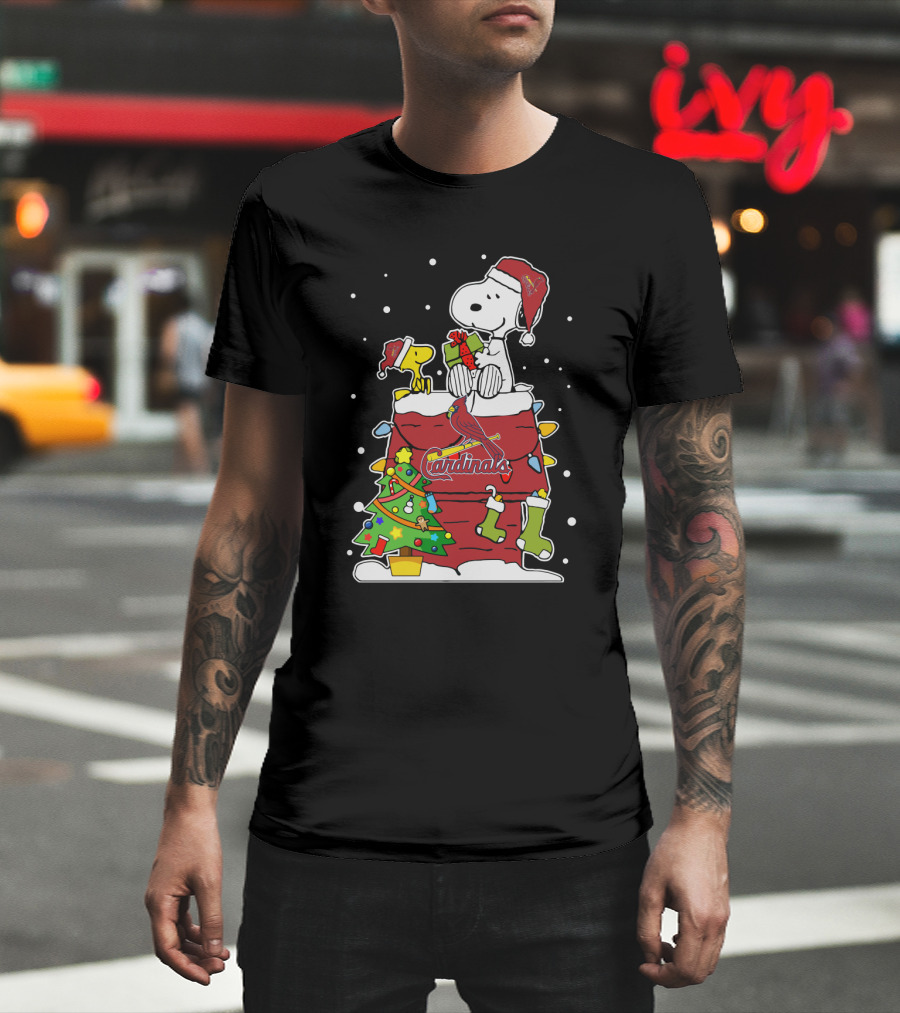 St. Louis Cardinals Snoopy Christmas Celebration With Woodstock And Festive Tree T-Shirt