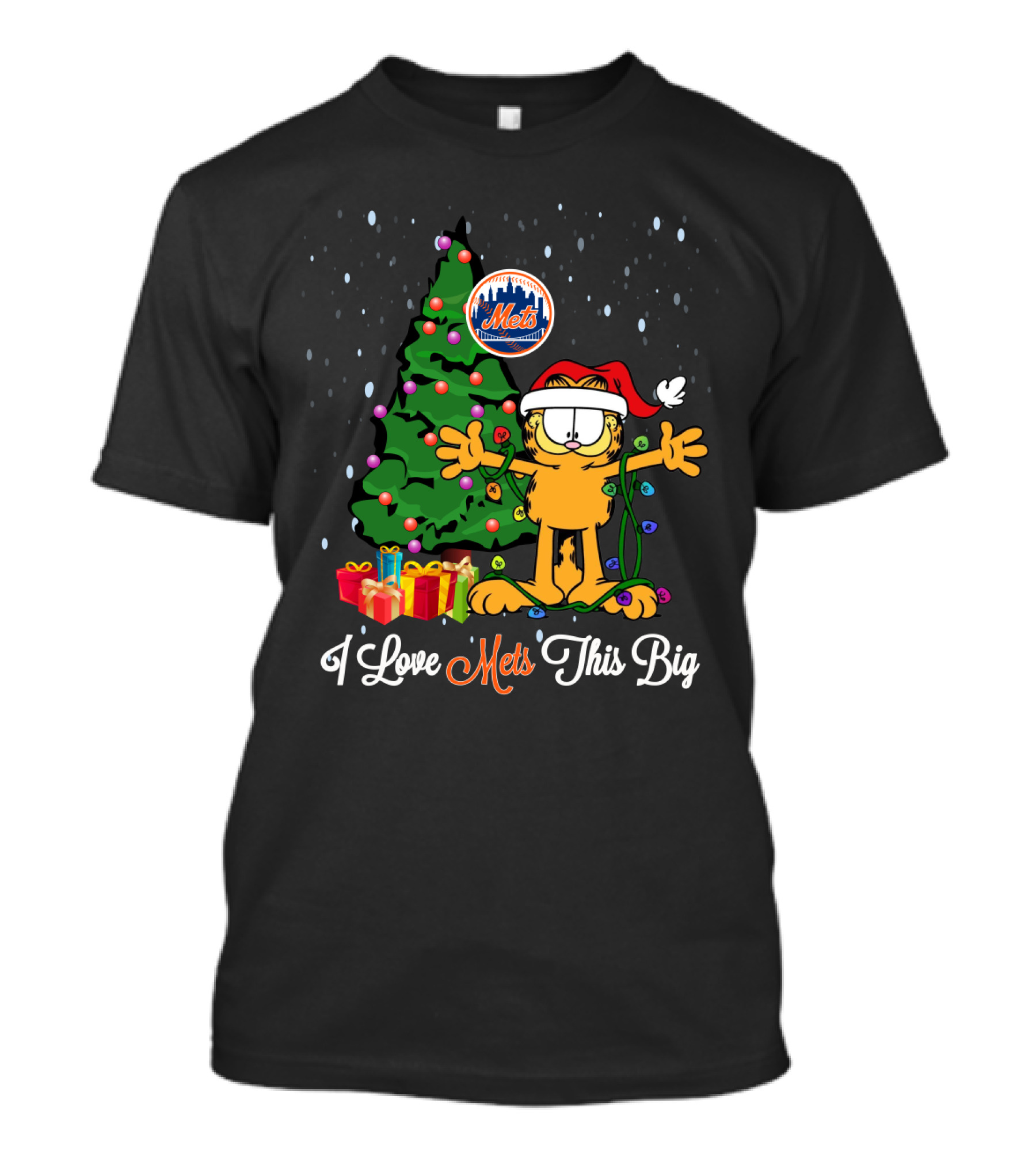 Garfield Christmas Illustration With New York Mets Logo And Festive Tree Featuring I Love Mets This Big T-Shirt