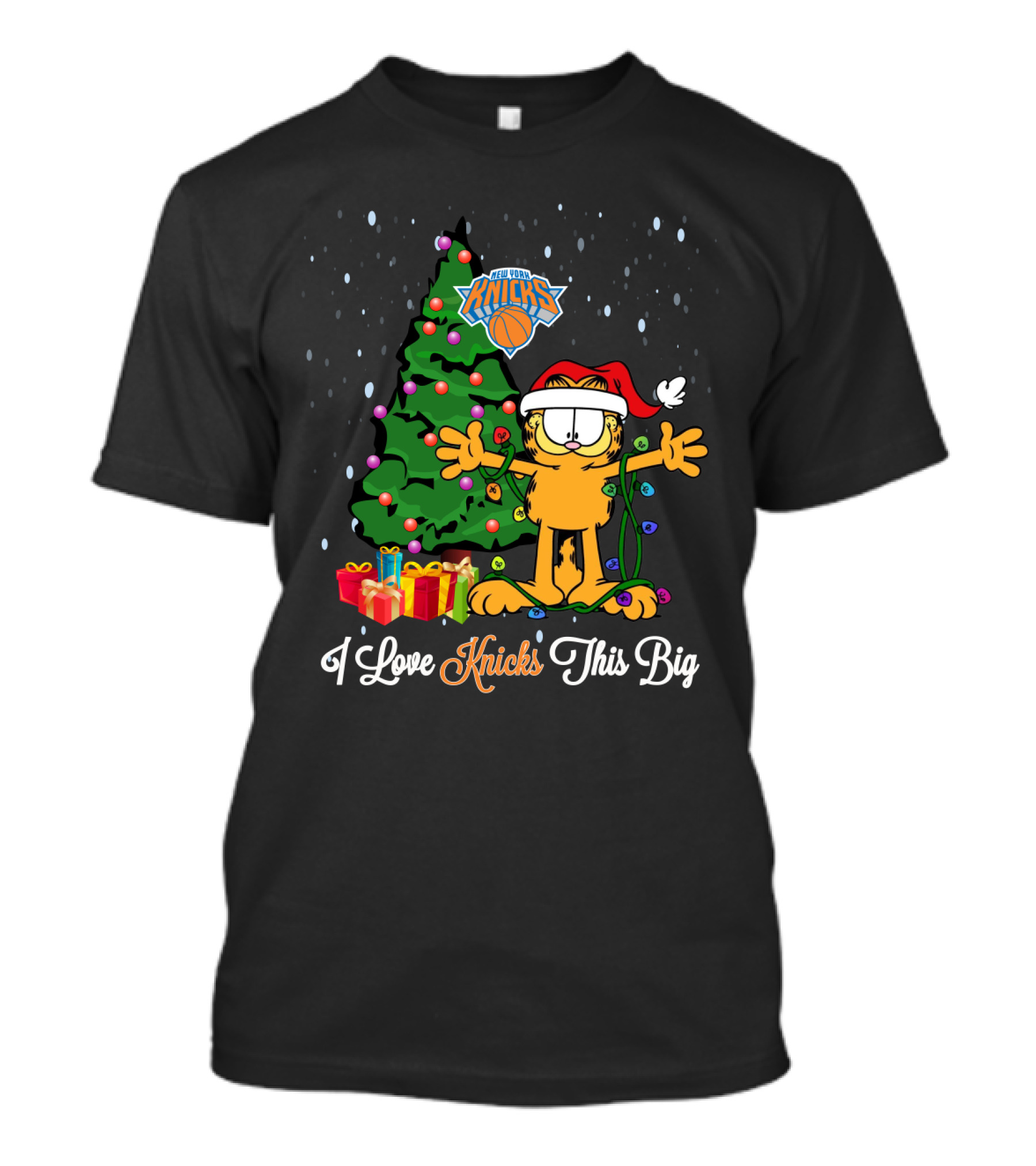 I Love Knicks This Big Christmas Garfield Cat Santa Hat New York Knicks Logo Tree T-Shirt