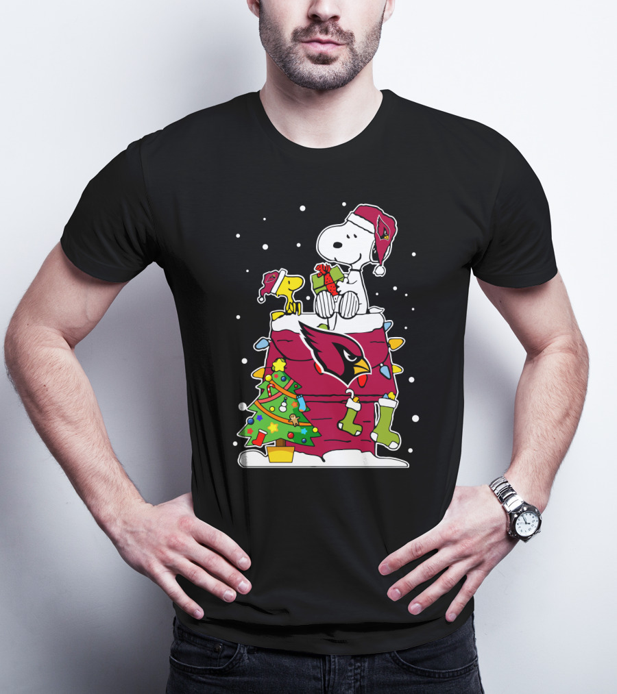 Arizona Cardinals Snoopy Christmas Celebration With Woodstock And Santa Hat T-Shirt