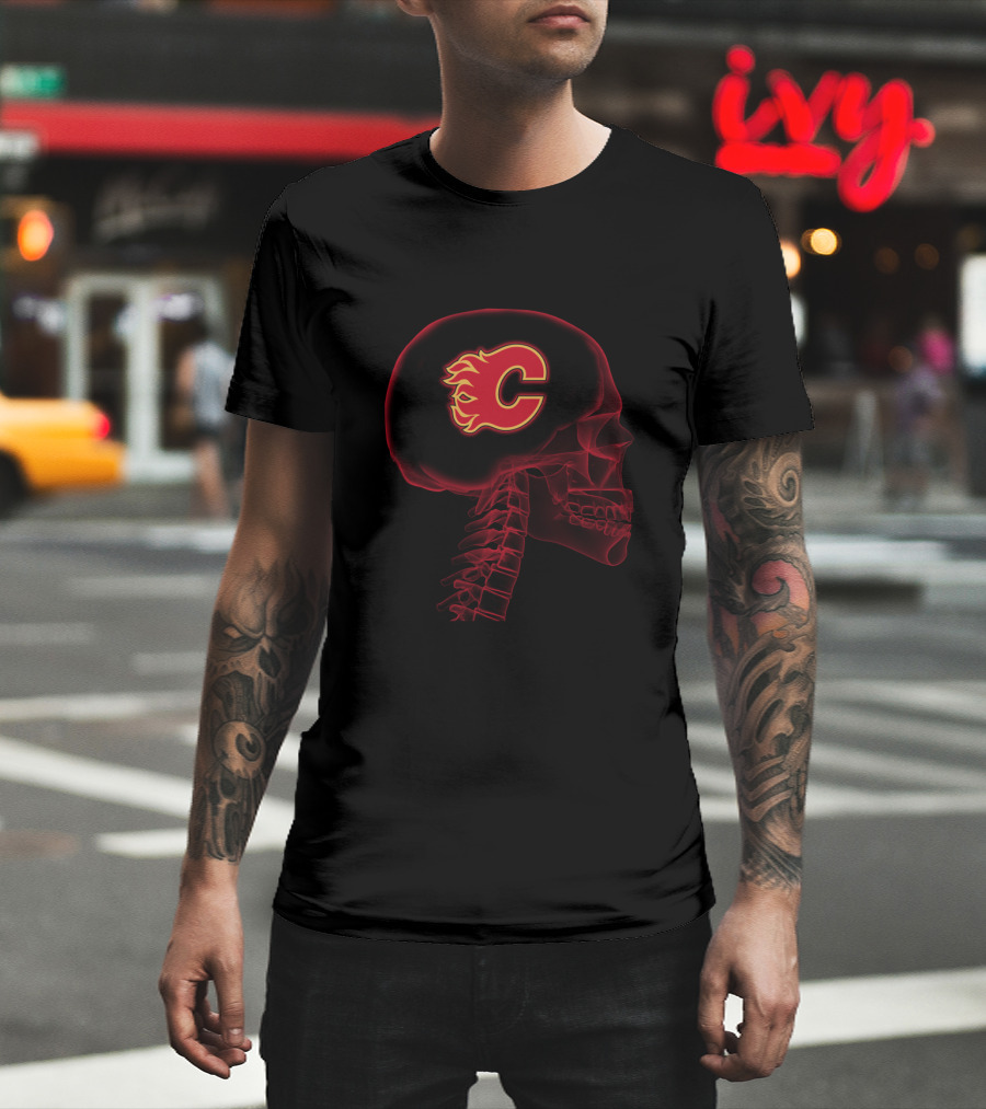 Calgary Flames Logo Within Red Skull T-Shirt