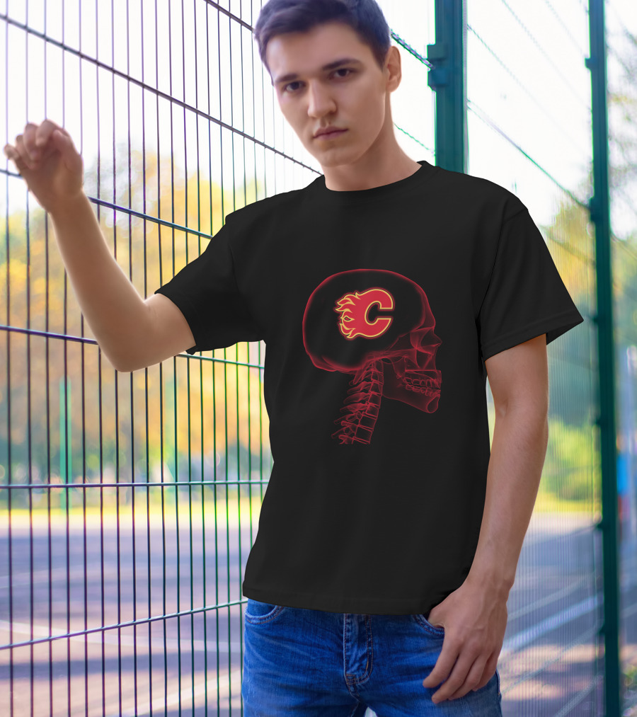 Calgary Flames Logo Within Red Skull T-Shirt