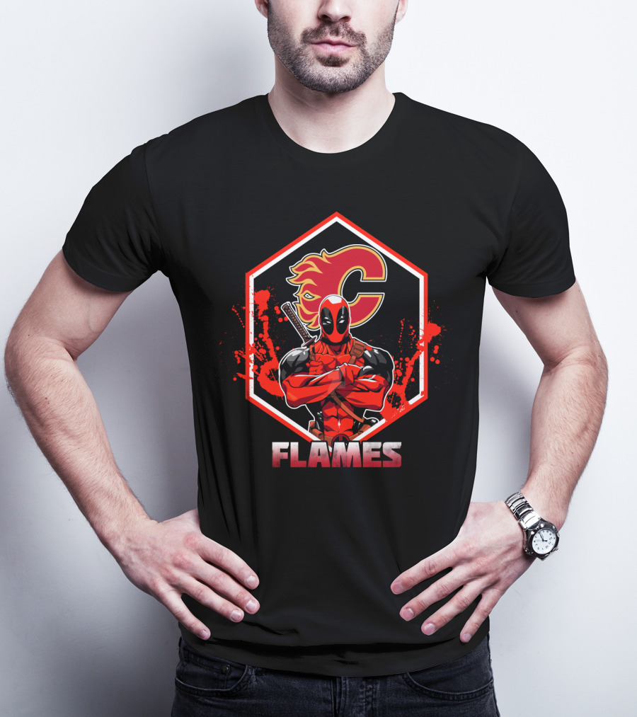 Deadpool Calgary Flames Crossover Fan T-Shirt
