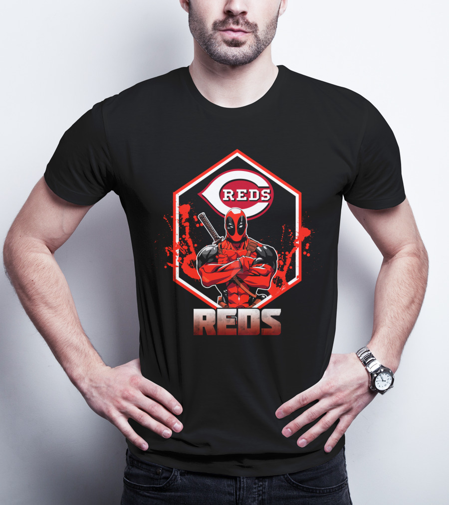 Deadpool With Cincinnati Reds Logo And Sword-Crossed Arms In Iconic Red And Black T-Shirt