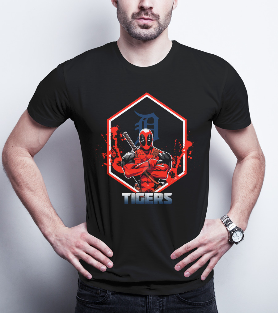 Deadpool Detroit Tigers Collaboration Fan Art With Samurai Sword T-Shirt