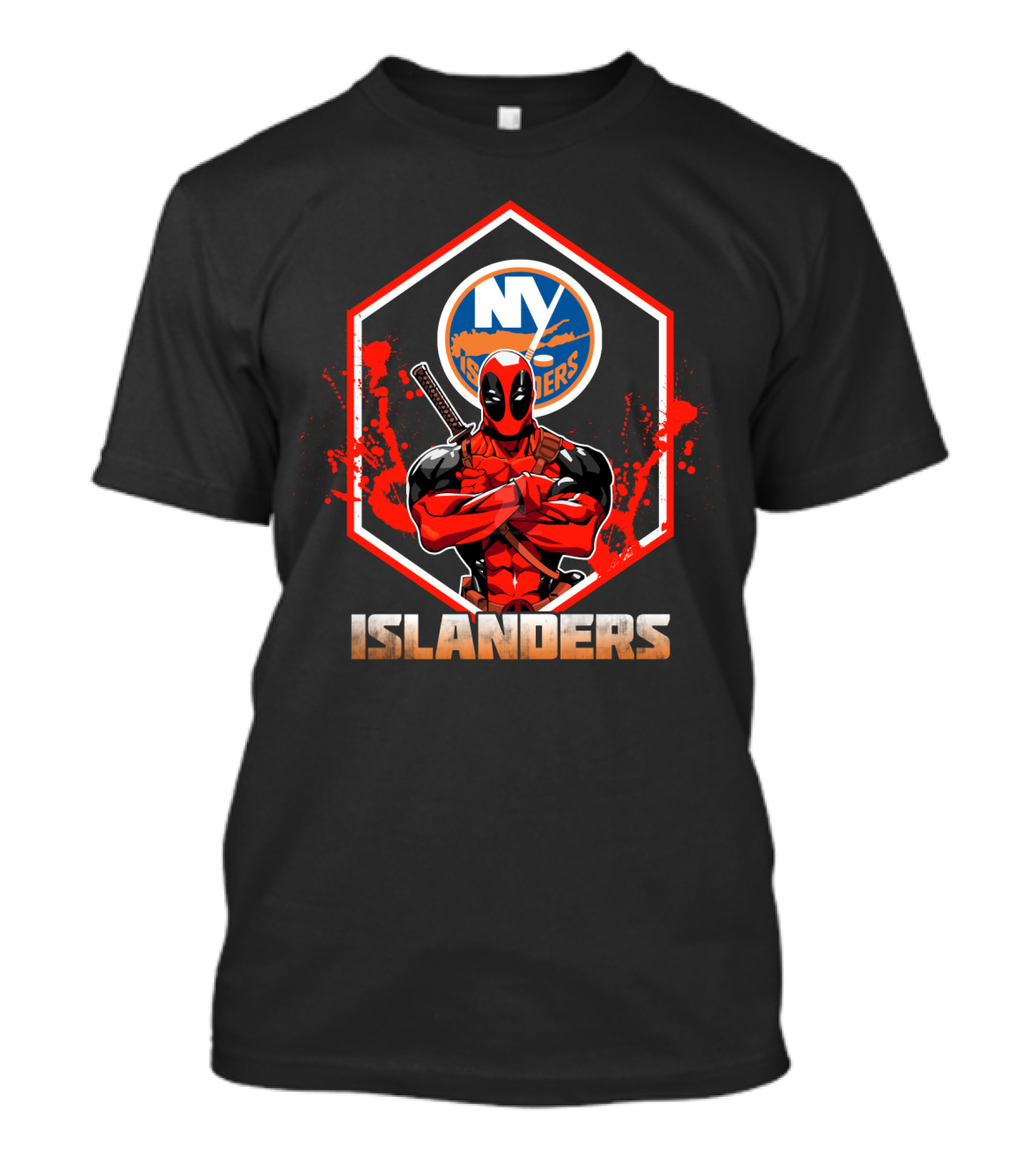 Deadpool NY Islanders Crossover Fan Art With Hockey And Comic Book Themes T-Shirt
