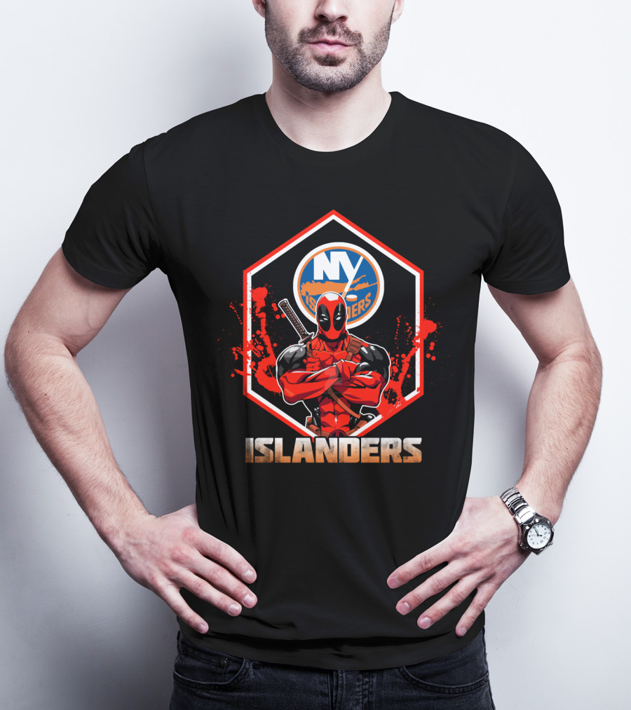 Deadpool NY Islanders Crossover Fan Art With Hockey And Comic Book Themes T-Shirt