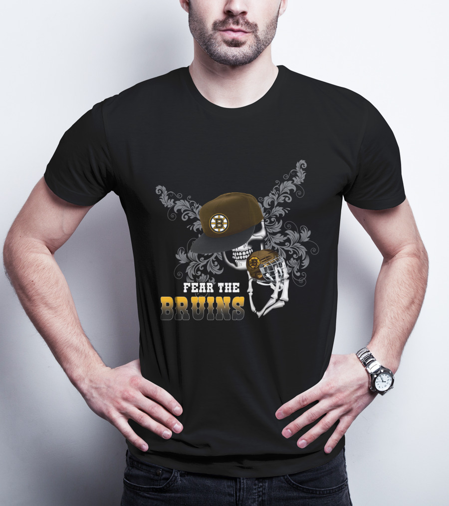 Boston Bruins Skull With Cap And Hockey Helmet - Fear The Bruins T-Shirt