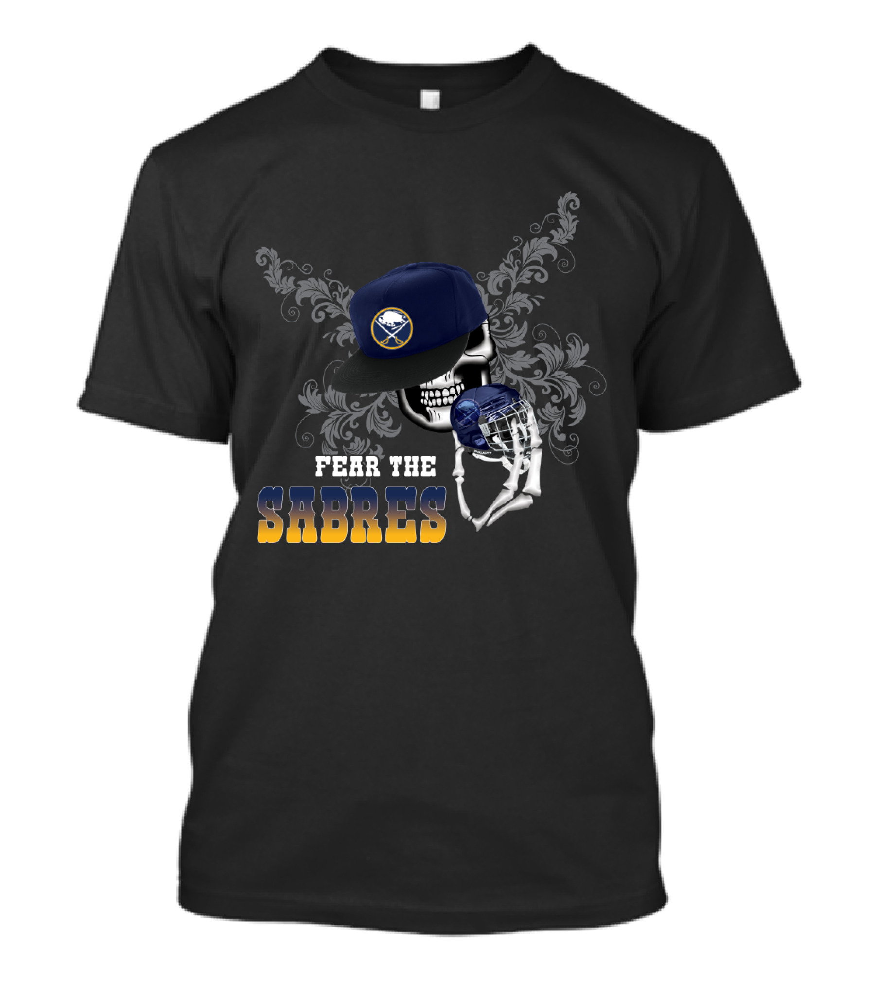 Fear The Buffalo Sabres Skull With Hockey Helmet And Cap T-Shirt
