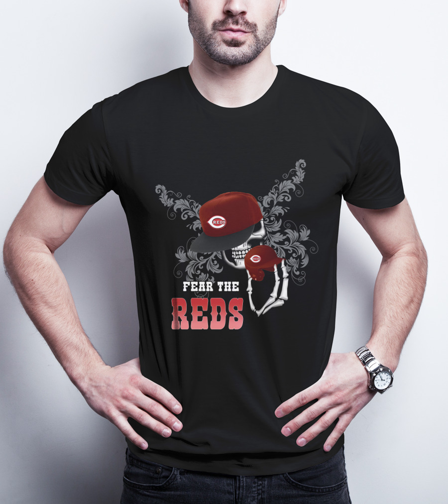 Fear The Cincinnati Reds Skull Skeleton With Red Cap And Floral T-Shirt