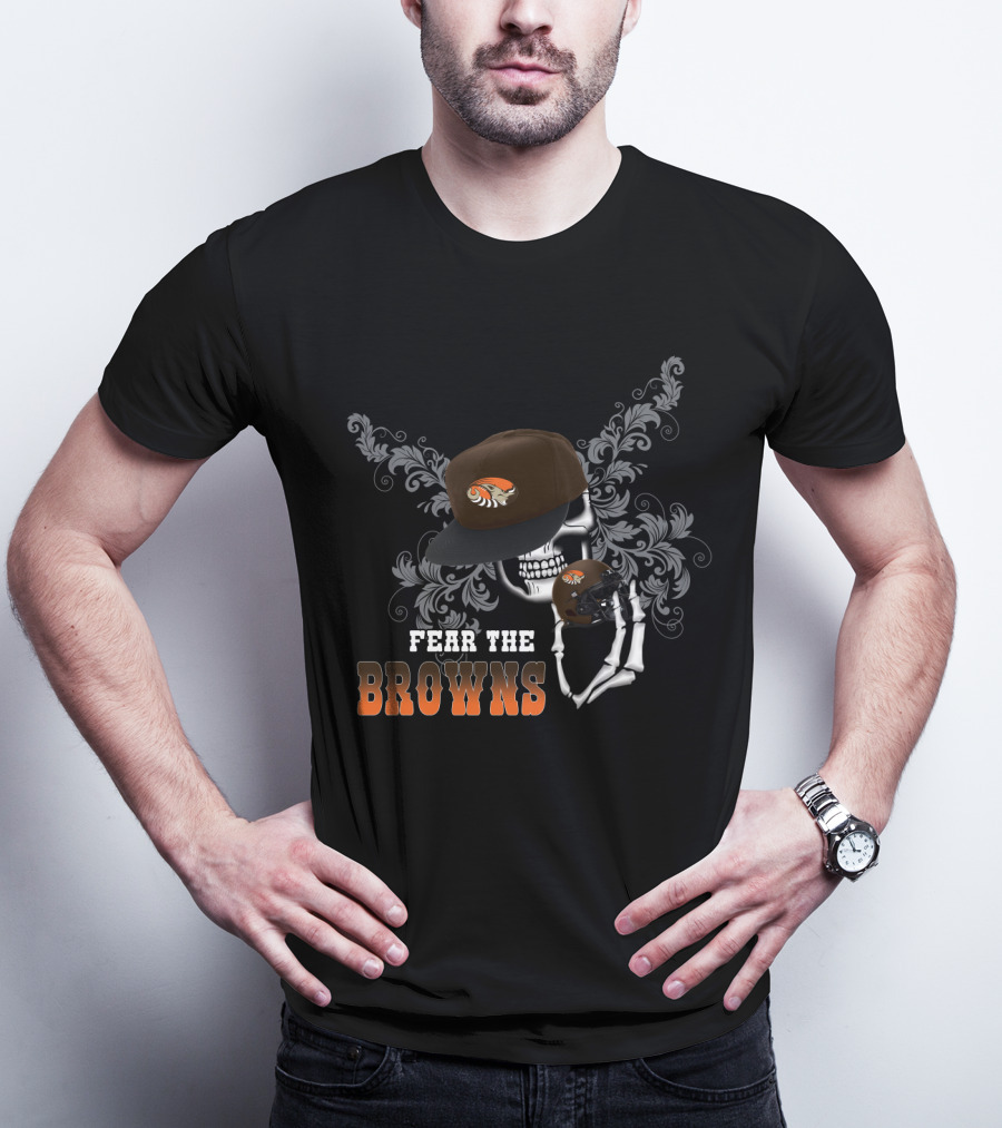 Fear The Cleveland Browns Skull With Helmet And Cap T-Shirt