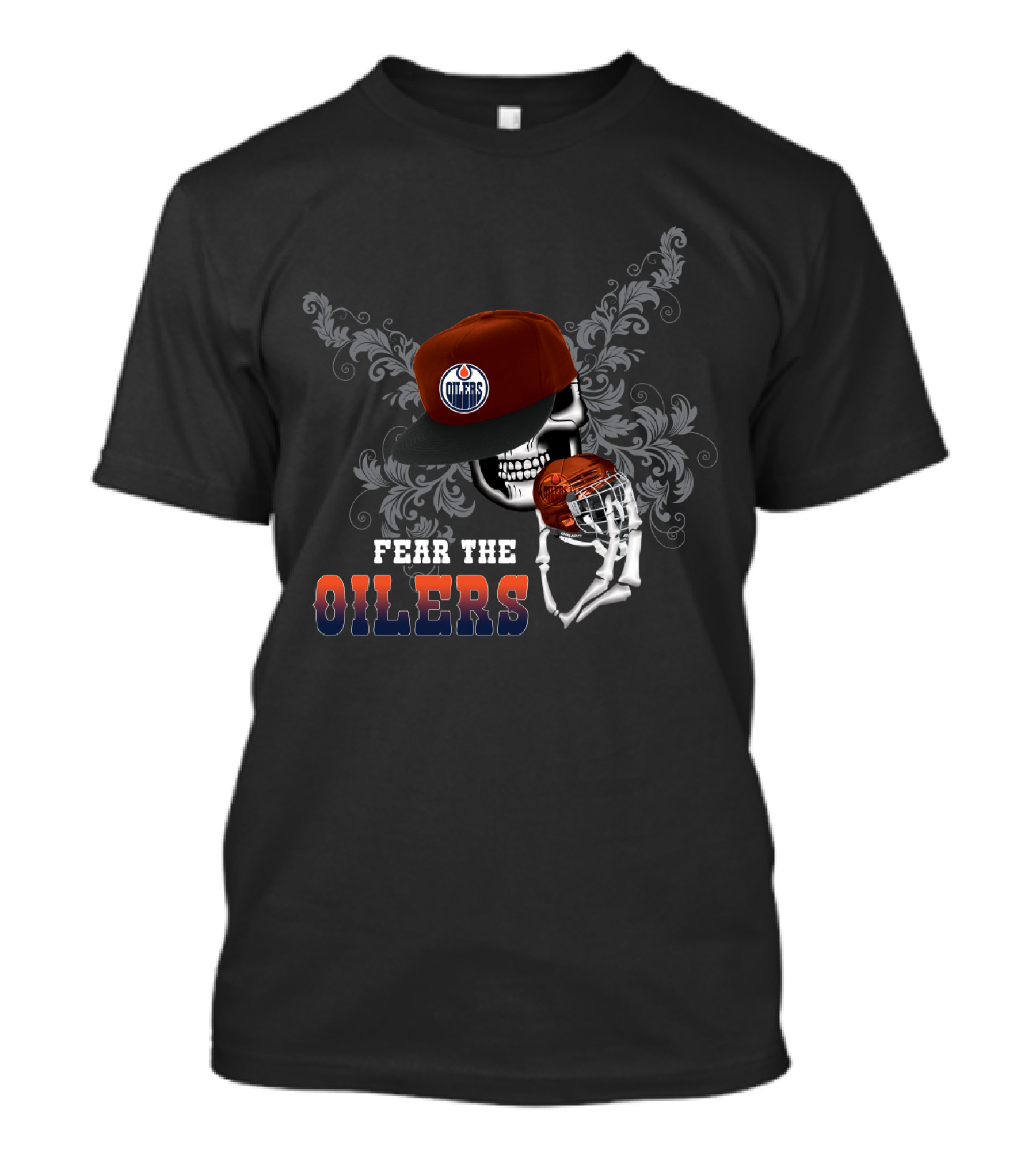 Fear The Oilers Skull With Hockey Helmet And Cap T-Shirt