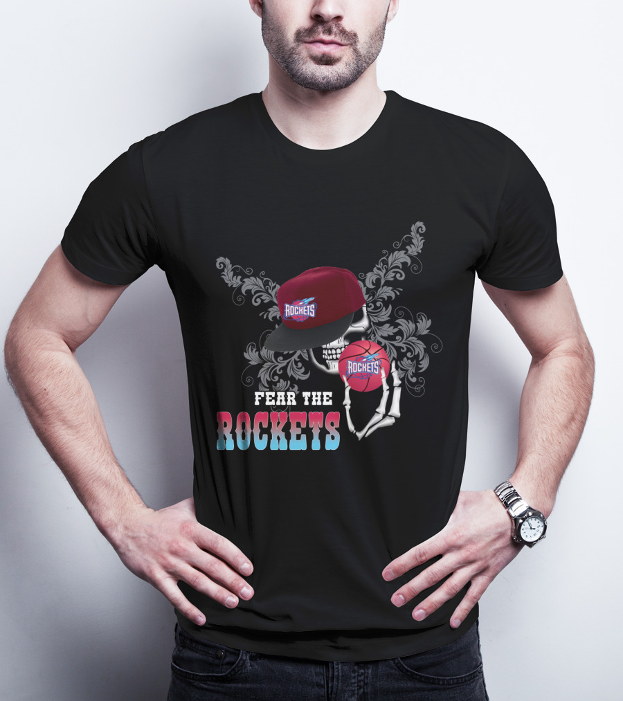 Fear The Rockets Skeleton Hat Basketball T-Shirt