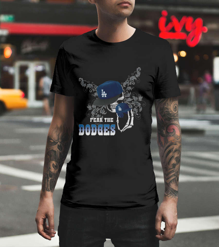 LA Dodgers Skull Cap Graphic Fear The Dodgers T-Shirt