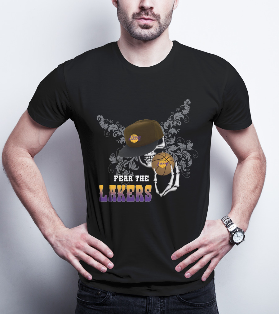 Fear The Lakers Skull With Basketball And Cap T-Shirt