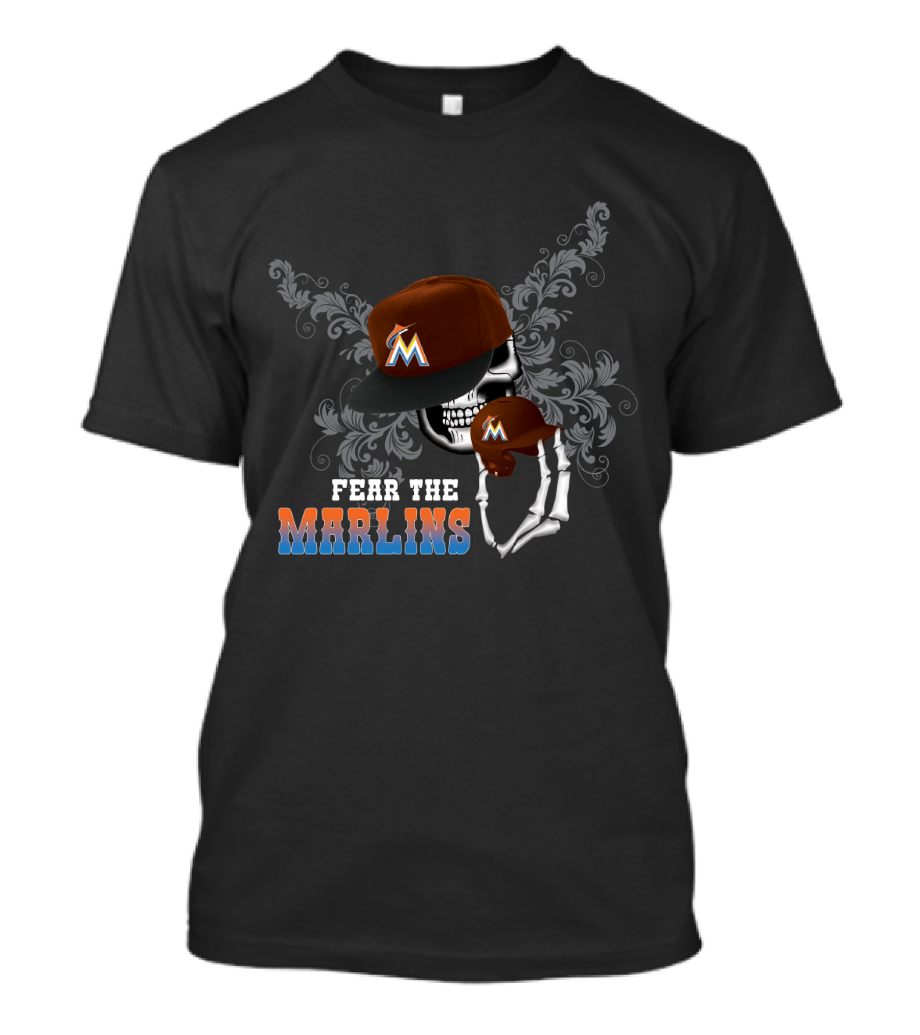 Fear The Marlins Skull With Miami Cap And Skeleton Hand T-Shirt