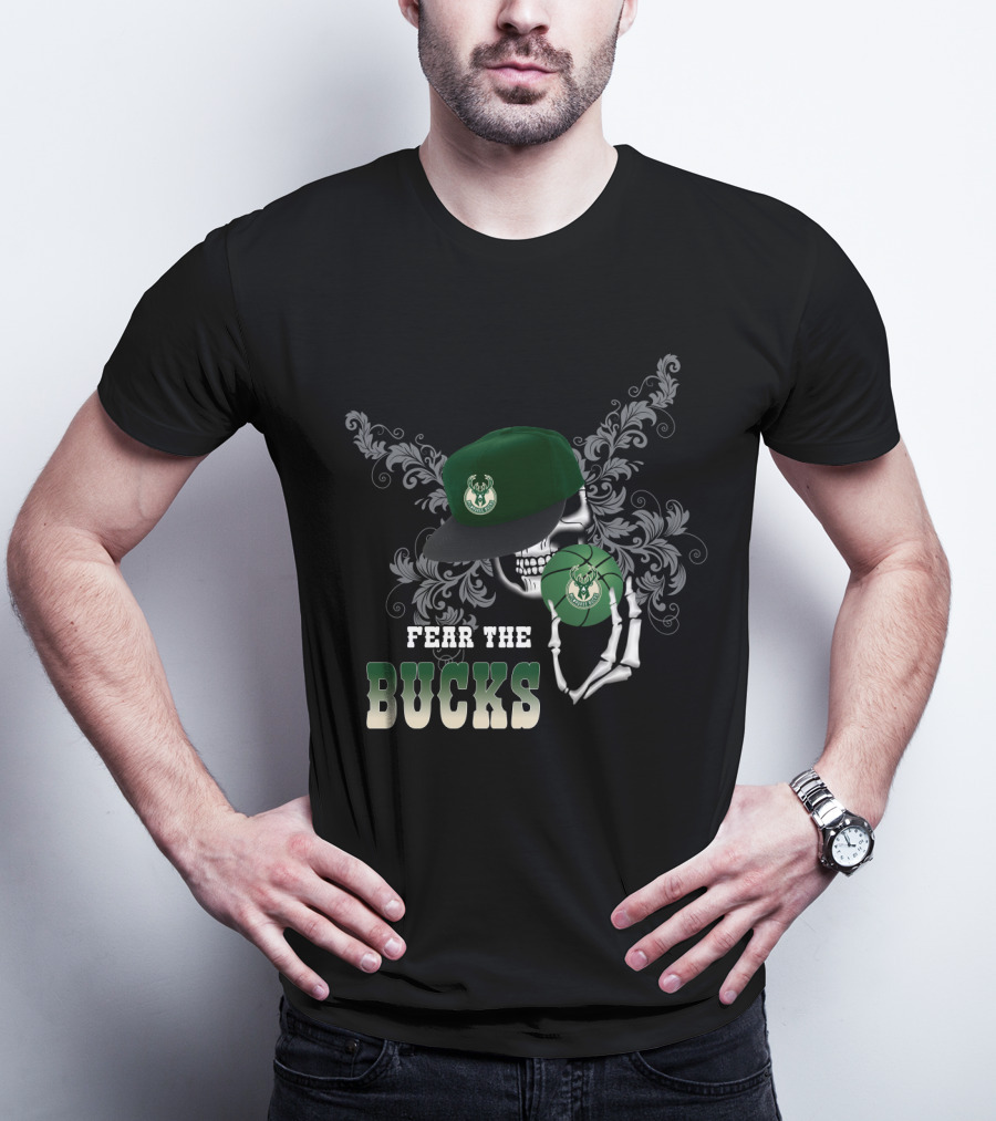 Fear The Bucks Skeleton Holding Basketball Milwaukee Bucks Fans T-Shirt