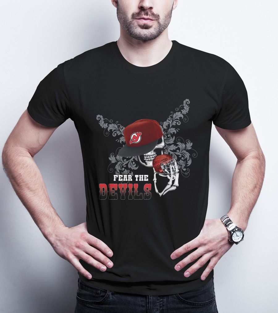 Fear The Devils Skull With New Jersey Devils Cap And Hockey Helmet T-Shirt