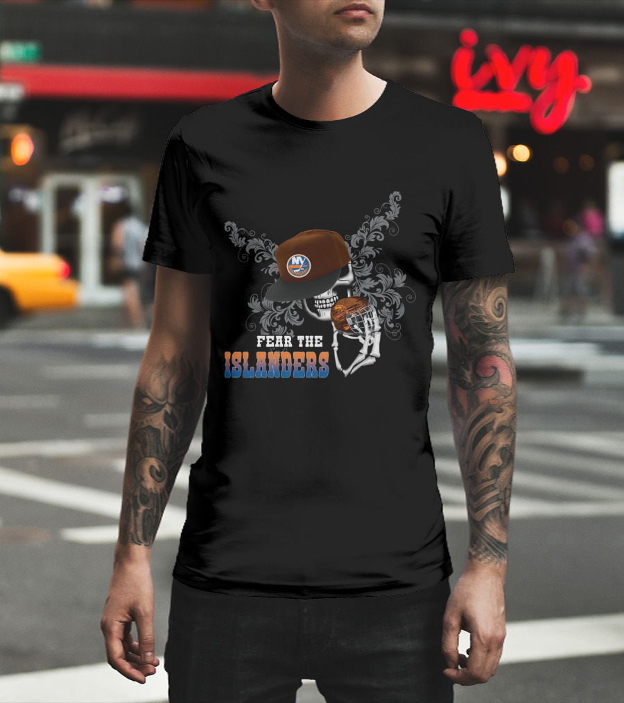 Fear The Islanders Skull Art With New York Islanders Hockey Helmet And Cap T-Shirt