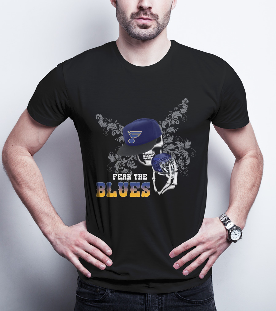 Fear The St. Louis Blues Skull With Hockey Helmet And Cap T-Shirt