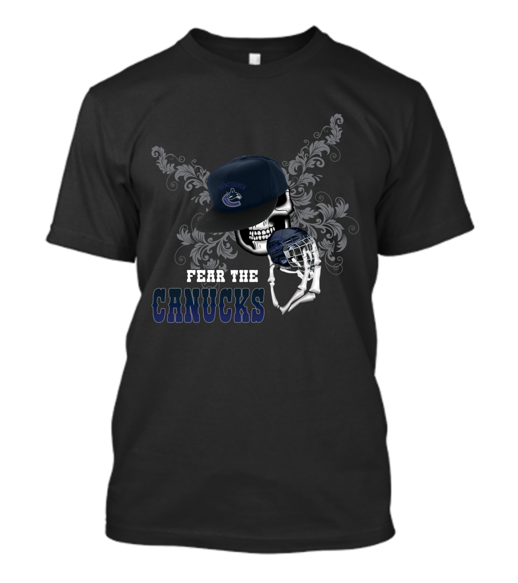 Vancouver Canucks Skull With Cap And Hockey Helmet Graphics T-Shirt