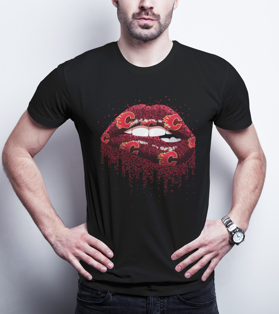 Calgary Flames Glitter Lips Fan Lips With Flames T-Shirt