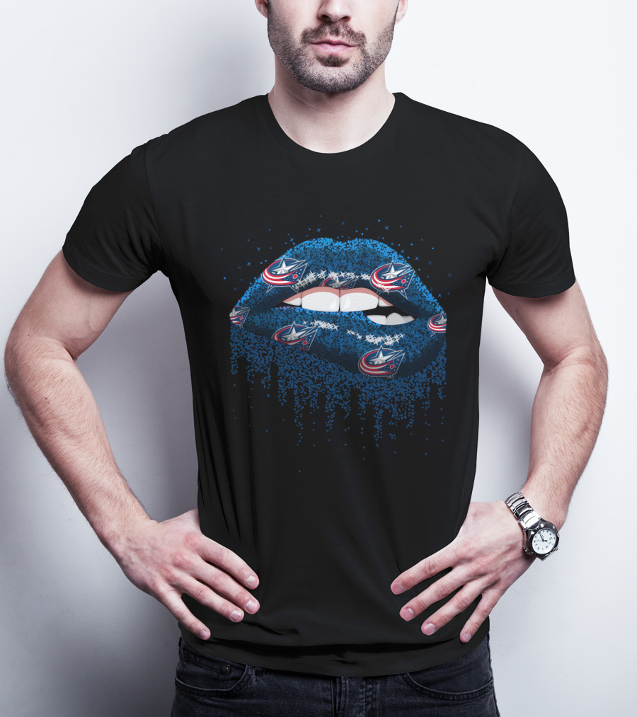 Columbus Blue Jackets Glitter Lips Fan Art With Team T-Shirt