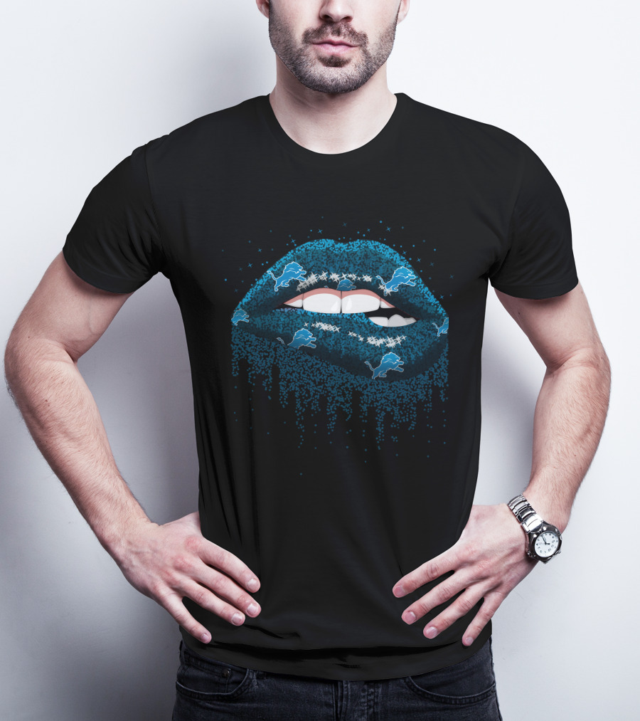 Glitter Lips Featuring Detroit Lions Blue And Iconic Team Symbols For Fans T-Shirt