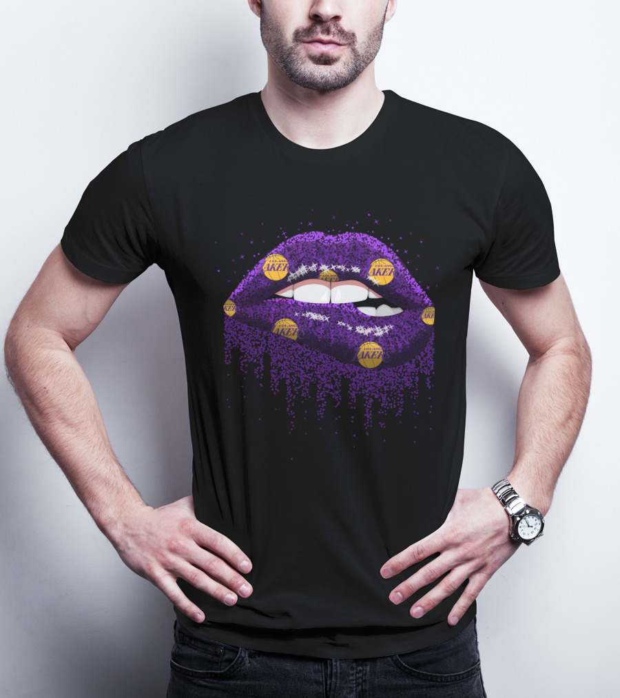 Glitter Purple Lips Decorated With Los Angeles Lakers Basketball Logos For Fans T-Shirt