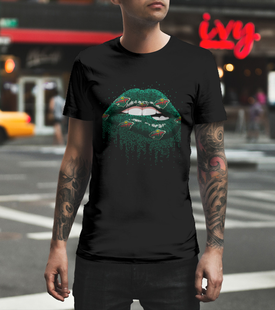 Minnesota Wild Glitter Lips Fan Art With Iconic Logo And Sparkle T-Shirt