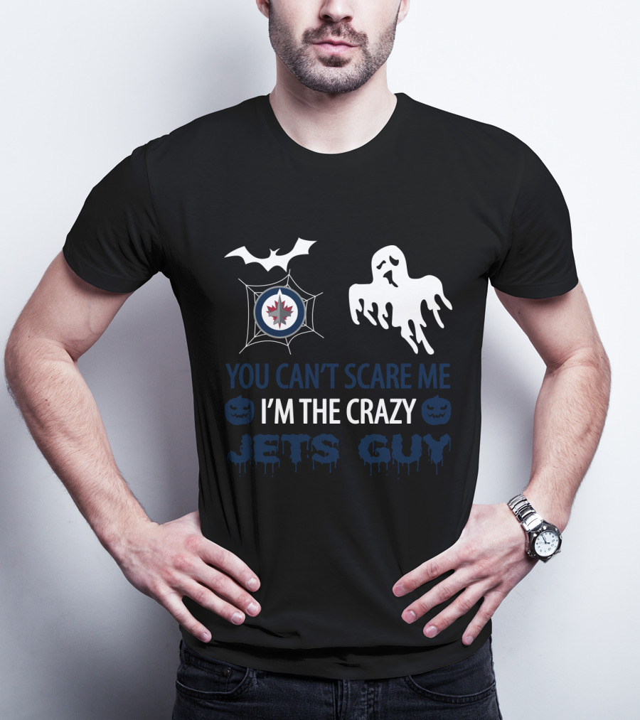 Winnipeg Jets Halloween You Can't Scare Me I'm The Crazy Jets Guy Ghost And Bat T-Shirt