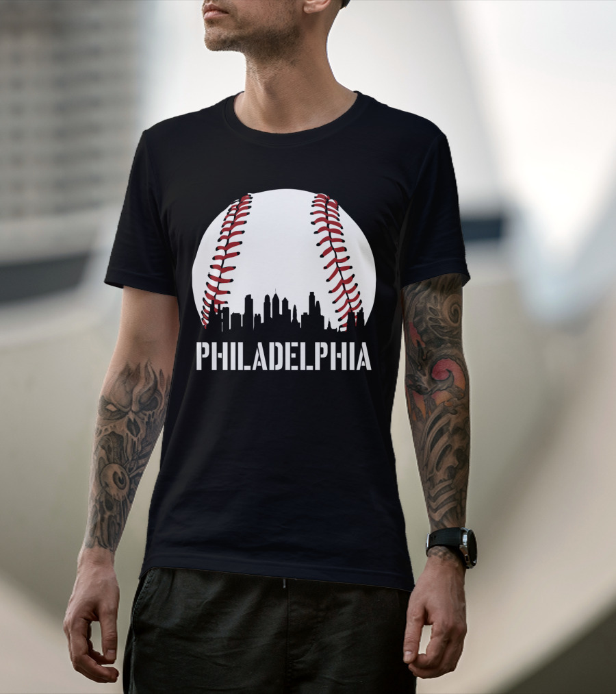 Philadelphia Skyline Baseball Stitching Downtown Philly T-Shirt