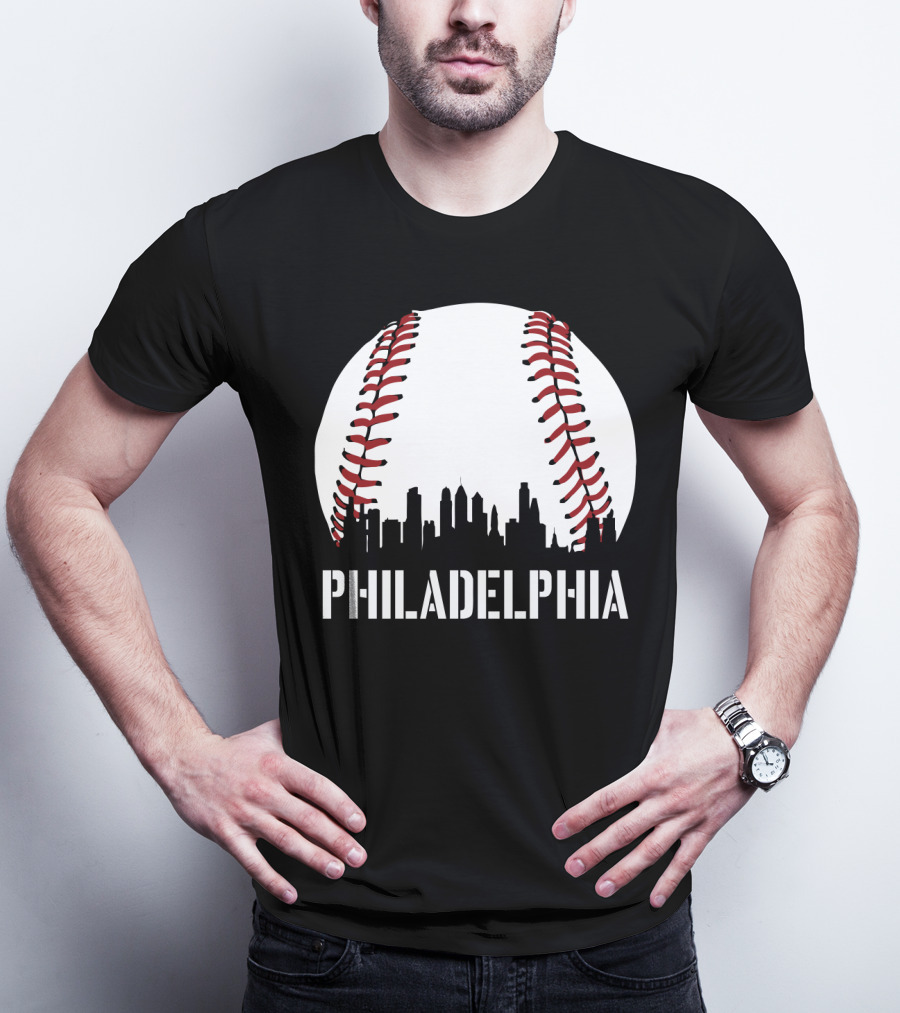 Philadelphia Skyline Baseball Stitching Downtown Philly T-Shirt