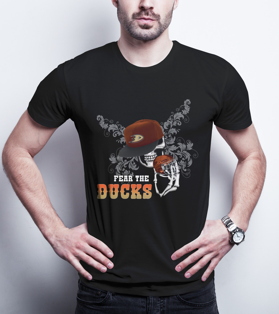 Fear The Anaheim Ducks Skull With Hockey Helmet And Cap T-Shirt