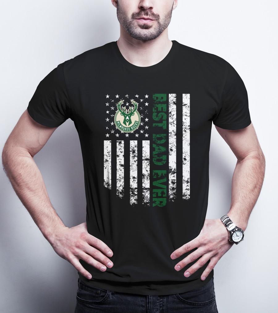 Milwaukee Bucks Best Dad Ever American Flag T-Shirt
